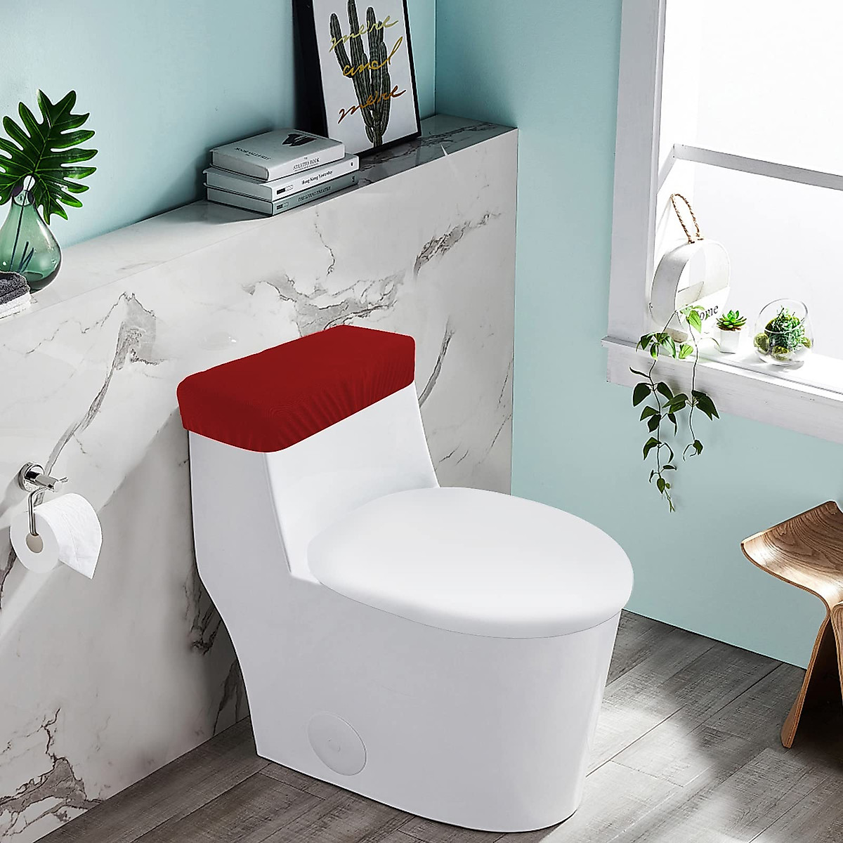 AZHCHKE Toilet Tank Lid Cover, Bathroom Stretch Washable Spandex Toilet Tank Protector Cover with Elastic Bottom, Burgundy