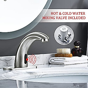 Yodel Faucet Brushed Nickel Touchless Bathroom Sink Faucet with Temperature Control Mixing Valve Commercial Automatic Motion Sensor Hot Cold Mixer Solid Brass Faucet
