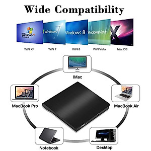 External CD/DVD Drive, USB 3.0 CD Player DVD Drive ROM +/-RW Optical Reader Writer Burner for Windows 10/8/7, Linux, Mac Laptop Desktop PC, MacBook Pro/ Air, iMac, Surface Pro (Black)