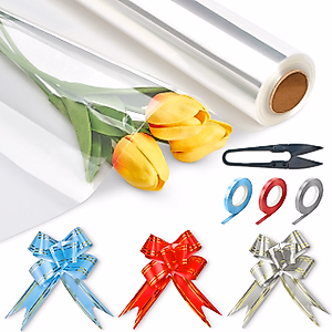 (31.5 in x 110 ft) Cellophane Wrap for Gift Baskets (Accessories are inside wrap Tube) 3Mils Thick, with 15 Pull-Bows, 3 Ribbons & 1 Cutter - Clear Cellophane Wrap Roll for Flowers and Food- Folded in half