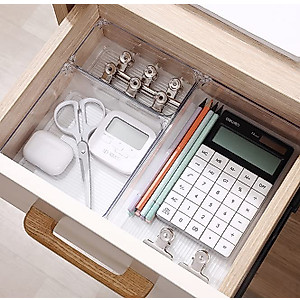 CHANCETSUI 10 pcs Desk Drawer Organizer Non-Slip Organiser Trays, 4-Size Clear Plastic Drawer Storage Boxes, Drawer Organizer Dividers for Makeup, Kitchen, Bedroom, Bathroom, Office