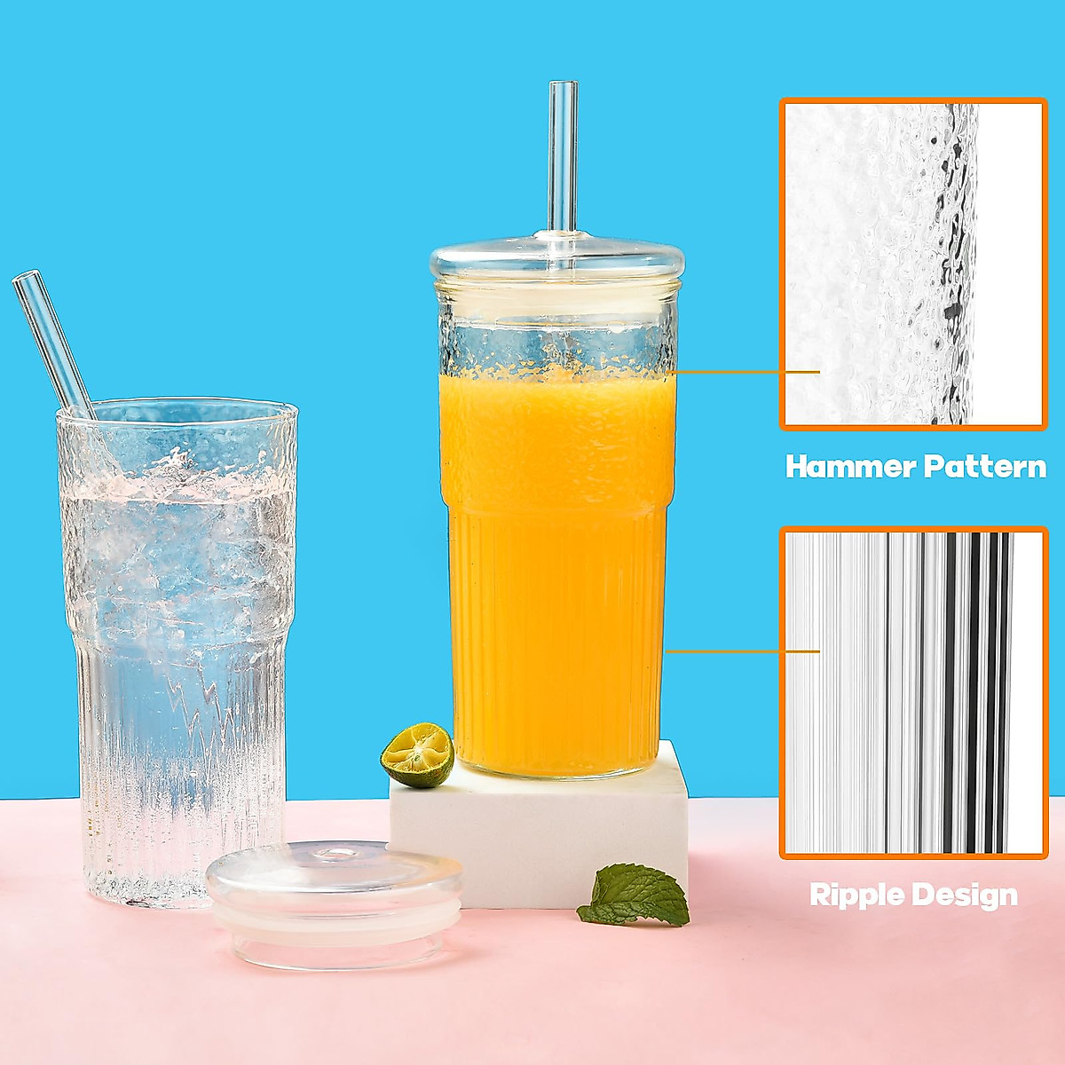 ALINK Glass Cups with Glass Lids and Straws, 22 oz High Borosilicate Clear Iced Coffee Glass Tumblers, Drinking Glass Smoothie Tea Water Cups, Pack of 2 with Cleaning Brush