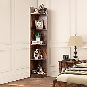 Fun Memories 5-Tier Corner Bookshelf - 63" Tall Modern FreeStanding Corner Bookcase - Durable Wood Corner Cabinet - Perfect for Living Rooms, Bedrooms and Offices - Brown