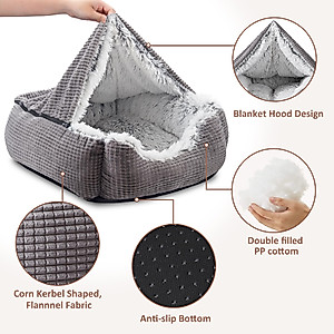 MIXJOY Dog Beds for Medium Large Small Dogs, Rectangle Cave Hooded Blanket Puppy Bed, Luxury Orthopedic Cat Beds for Indoor Cats, Warmth and Machine Washable (25 inches, Grey)