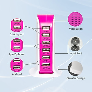 Wyssay 10A(50W) Universal USB Charger，6-Port Independent Desktop USB Charging Station，Multi Charger Block with 4 Ft Extension Cord, USB Fast Charger for Phone Ipad and More(Pink)