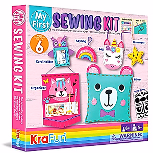 KRAFUN My First Sewing Kit for Beginner Kids Arts & Crafts, 6 Easy DIY Projects of Stuffed Animal Dolls and Plush Pillow Craft, Instructions & Felt, Gift for Girls, Boys, Learn to Sew, Embroidery