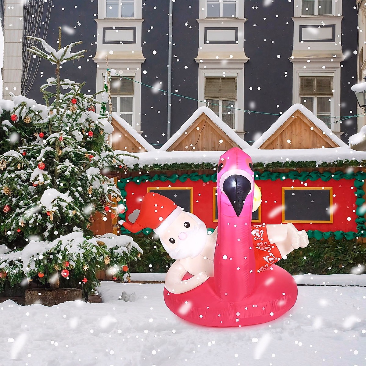 Liliful 5 ft Hawaiian Laua Santa on Flamingo Pool Float Christmas in July Inflatables Outdoor Decorations Blow Up Lighted Santa Claus with Flamingo Yard Decorations for Garden Lawn Xmas Decor