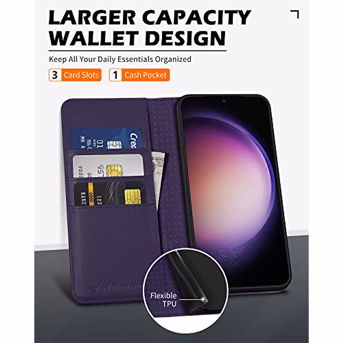 SHIELDON Wallet Case for Galaxy S23 5G 2023, Genuine Leather Folding Wallet Case with Kickstand RFID Blocking Card Slots Magnetic Shockproof Phone Cover Compatible with Galaxy S23 6.1" - Purple