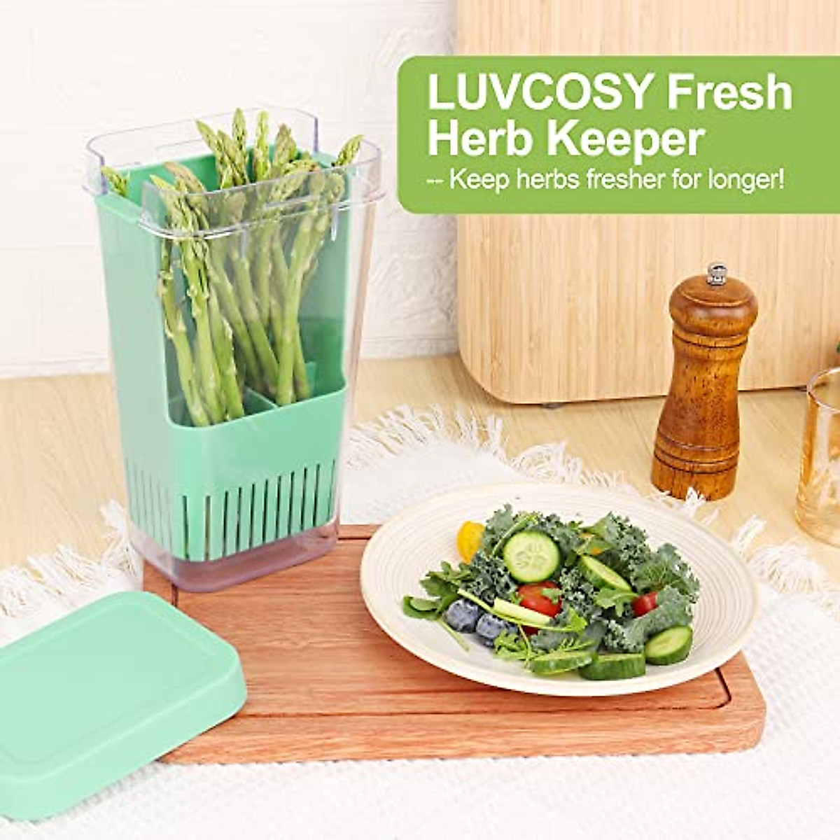 LUVCOSY Herb Keeper Set: 2 Pack Herb Saver+1 Pack Herb Scissors+2 Pack Herb Stripper, BPA-Free Plastic Herb Container for Cilantro, Mint & Asparagus, Keeps Fresh Herbs for 3 Times Longer