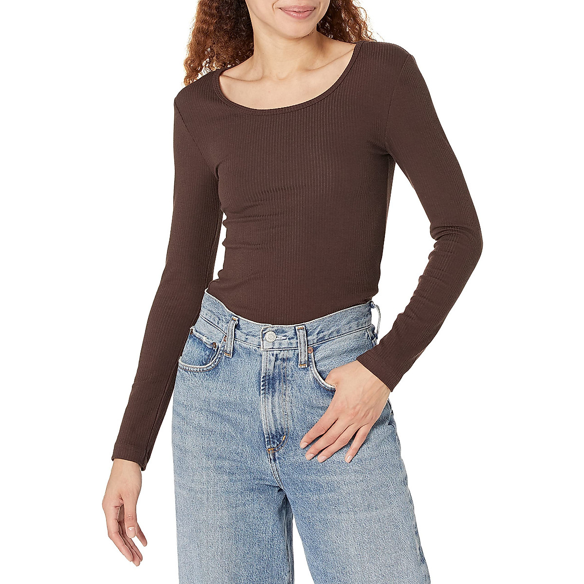 Amazon Essentials Sweater for Women, Long Sleeve Slim-Fit Rib Scoop Neck (Available in Plus Size), Pack of 2, Eggshell White/Espresso, Medium