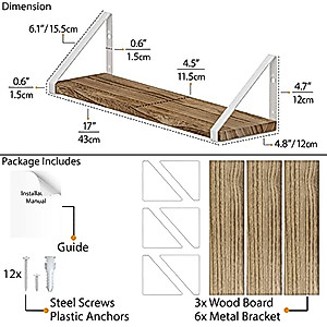 Wallniture Ponza Floating Shelves for Wall Bathroom Shelves Wall Mounted Set of 3, Burned Finish Wood Shelves with White Shelf Brackets