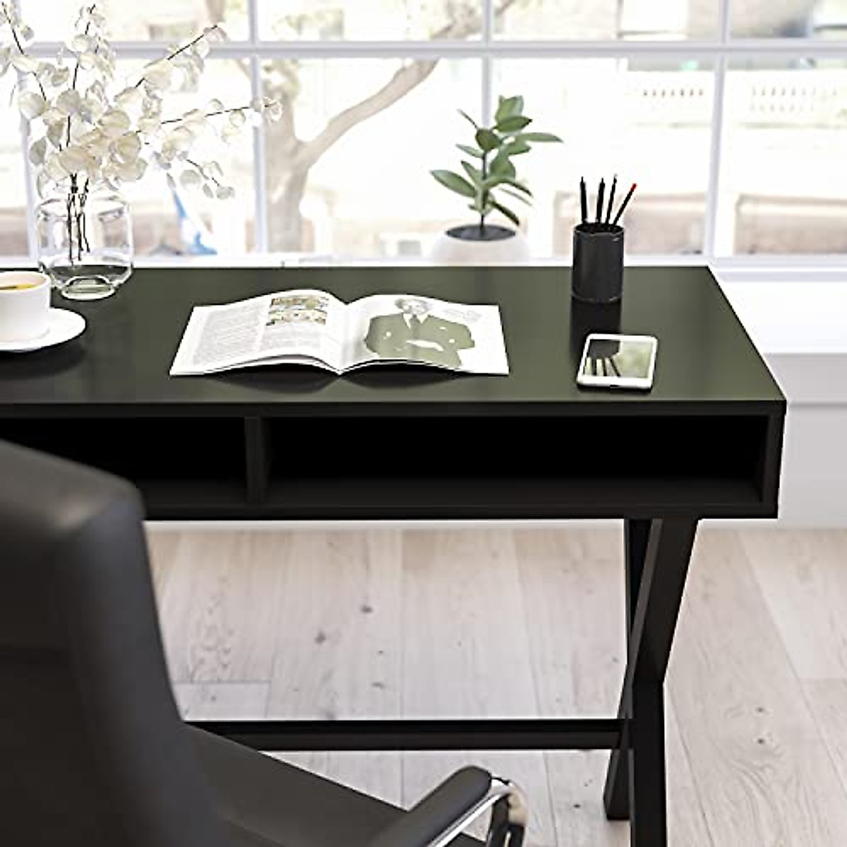 Merrick Lane Davisburg 42" Home Office Writing Desk with Open Front Storage Compartments in Black