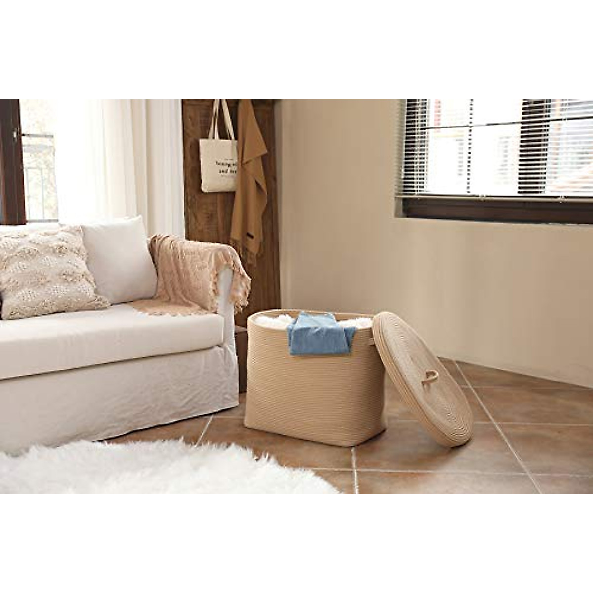 22"x14"x18" Rectangular Extra Large Storage Basket with Lid, Cotton Rope Storage Baskets, Laundry Hamper, Toy Bin, for Toys Blankets Storage in Living Room, Baby Nursery, All Beige