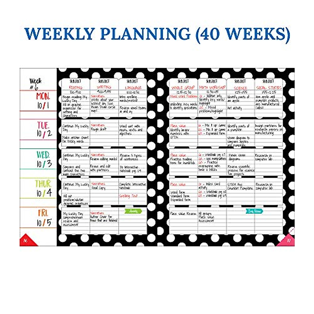 Schoolgirl Style Black, White & Stylish Brights Teacher Planner, 8" x 11" Undated Daily Planner, Weekly Planner, Monthly Planner With Planner Stickers for Classroom Organization & Teacher Organization