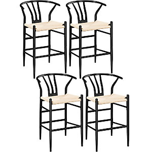 Yaheetech 26'' Weave Counter Stools Set of 4 Barstool Mid-Century Modern Metal Bar Stool Counter-Height Stool Slat Backrest Dining Chair, Black