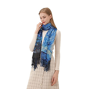 Cutewing Van Gogh Scarf Pashmina Shawl Wraps for Women Blue Cashmere Scarfs Fashion Boho Tassel Scarves Large Blanket Scarf Warm for Fall Winter