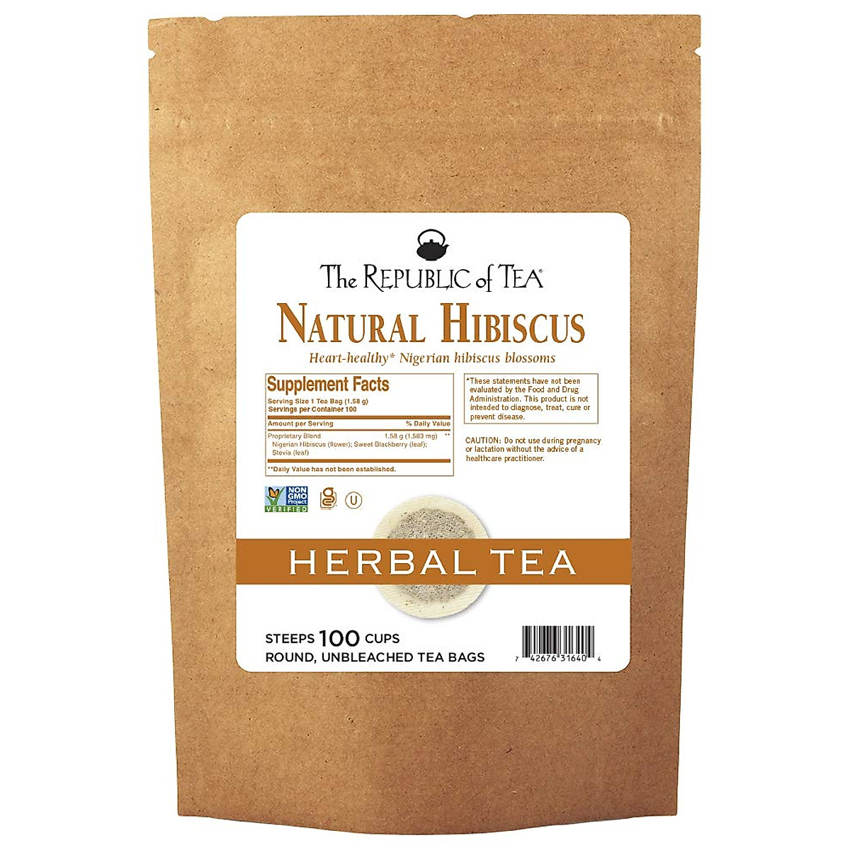 The Republic of Tea Natural Hibiscus Tea Super Refill, 100 Tea Bags