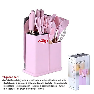 Cooking Utensils Set, 19-Piece Silicone Utensil and Knife Set with Block, Including 11 Silicone Utensils, 5 Stainless Steel Knives, Scissors, Kitchen Utensils Block and Cutting Board by ITZZO-Pink