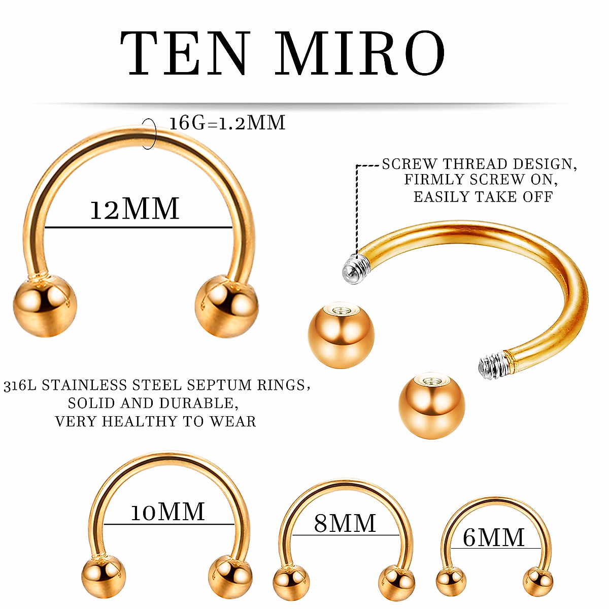 TEN MIRO 36PCS 16G Horseshoe Nose Septum Rings Stainless Steel Circular Barbells Cartilage Tragus Helix Hoop Eyebrow Lip Horseshoe Piercings Body Jewelry for Women Men 6mm-12mm(6-10mm)