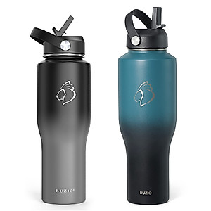BUZIO 32oz 40 oz Insulated Water Bottle Tumbler Travel Flask Metal Canteen with Straw Lid and Flex Cap, Fits in Any Car Cup Holders Keep Cold for 48 Hrs, Hot for 24 Hrs