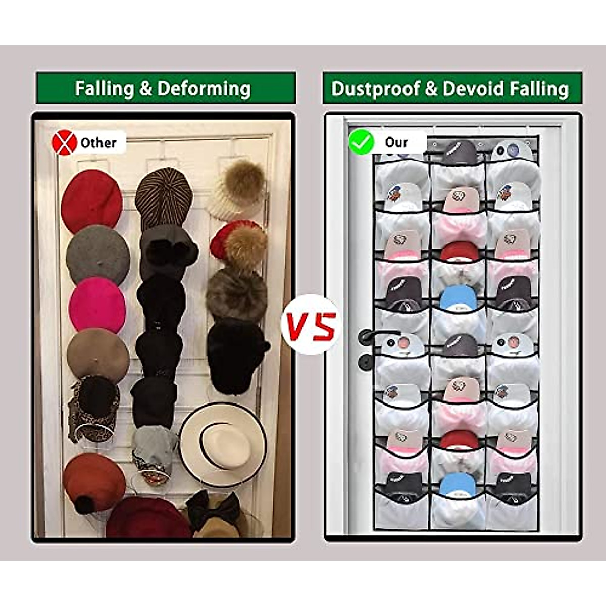 Hat Racks for Baseball Caps, Baseball Hat Organizer, 24 Deep Pocket Hat Storage & Ballcap Display Holder, Hat Holder with 4 Door Hooks