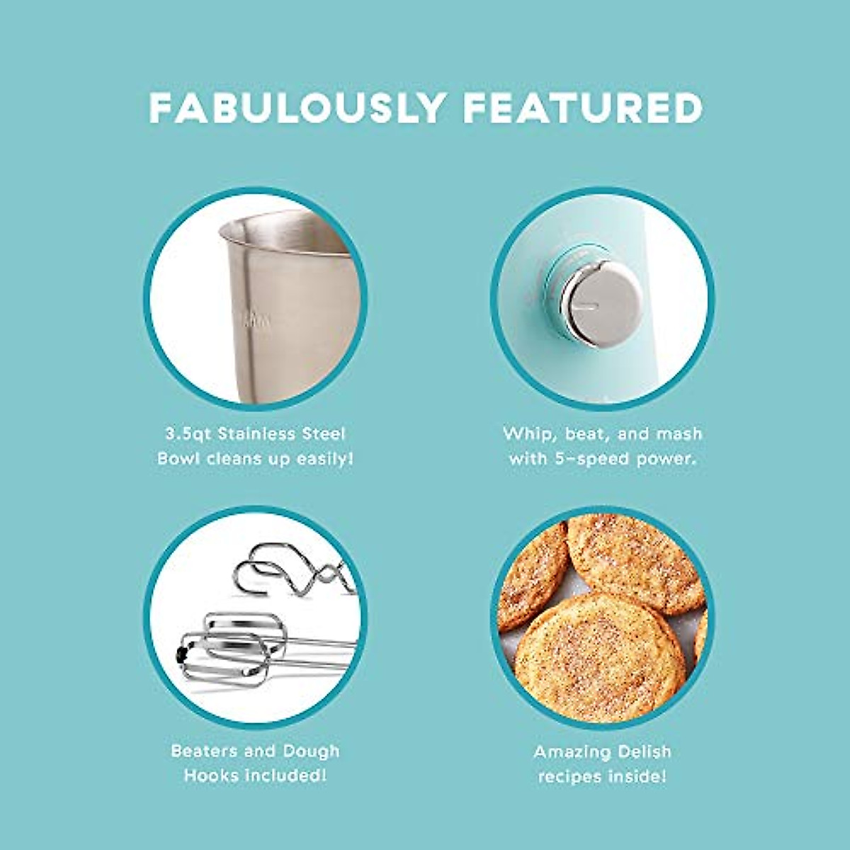 Delish by DASH Compact Stand Mixer, 3.5 Quart with Beaters & Dough Hooks Included - Blue