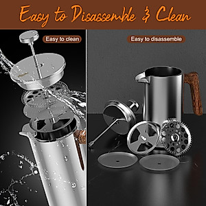 IKAPE French Press Coffee Maker, 34 OZ 304 Stainless Steel Espresso Coffee & Tea Maker with 4 Level Filtration System(Silver)