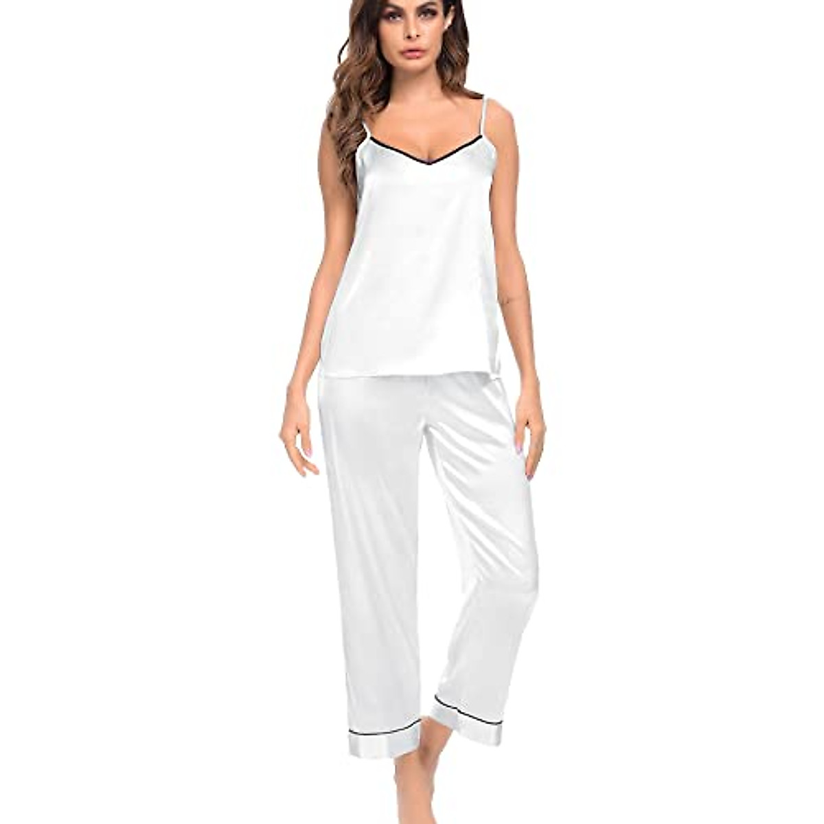 SWOMOG Women's Satin Pajamas Set V-Neck Cami Top and Capris Pants Silk Sleepwear Pjs Set White
