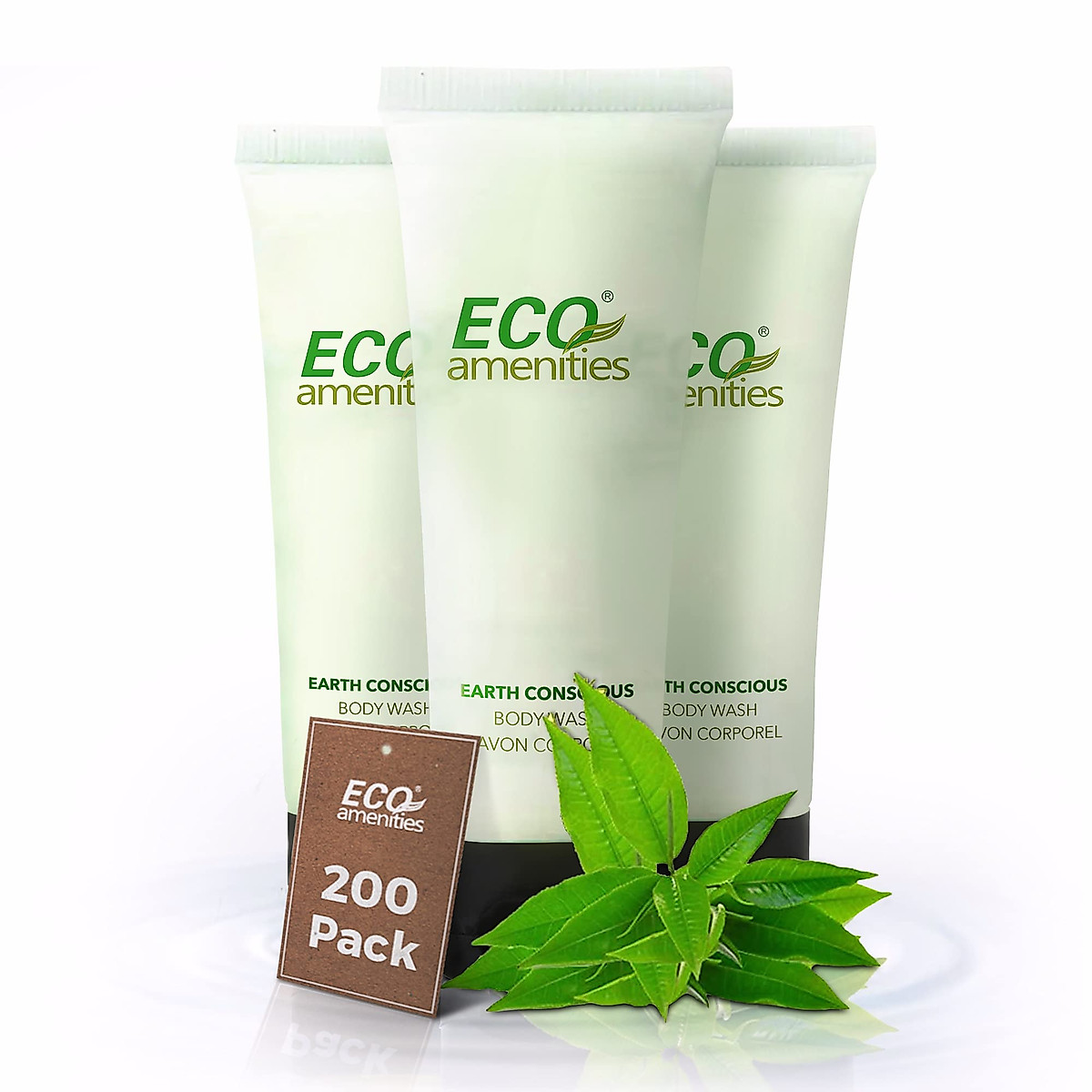 ECO Amenities Travel Size 1oz Body Wash (BULK 200 Pack) - 30ml Bulk Hotel Body Wash Supplies for Guests - Green Tea Scent Eco body wash for woman, Body wash for men, Biodegradable Container