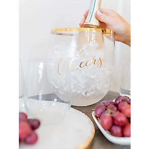 Mary Square Cheers Gold Tone Rim 6.5 x 8 Glass Champagne Ice Bucket