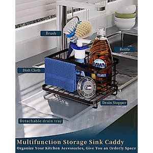 Consumest Sink Caddy, Sponge Holder for Kitchen Sink with Drip Tray, Non-Slip Kitchen Sink Organizer for Countertop, SUS304 Stainless Steel Rustproof Sink Rack - Bronze
