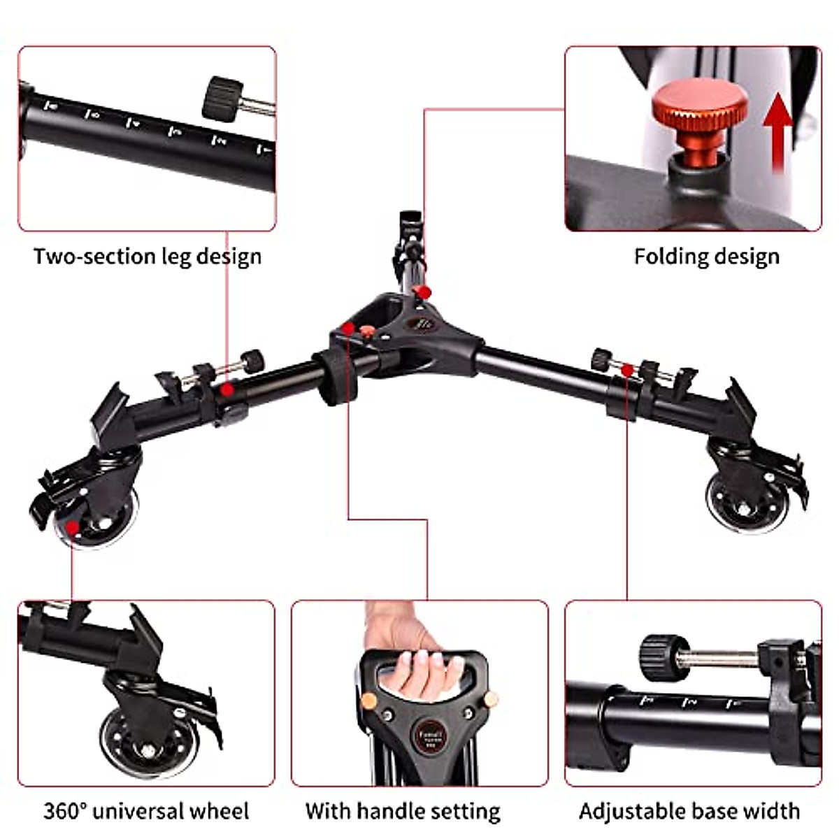 Famall Photography Tripod Dolly, Heavy Duty Tripod Dolly with 3" Wheels, Adjustable Legs and Carry Bag, Portable Tripod Wheels Compatible with Most Video Tripods and Light Stands