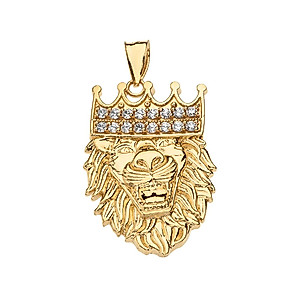 Solid 14k Yellow Gold Crown Lion King Head Pendant with Cubic Zirconia