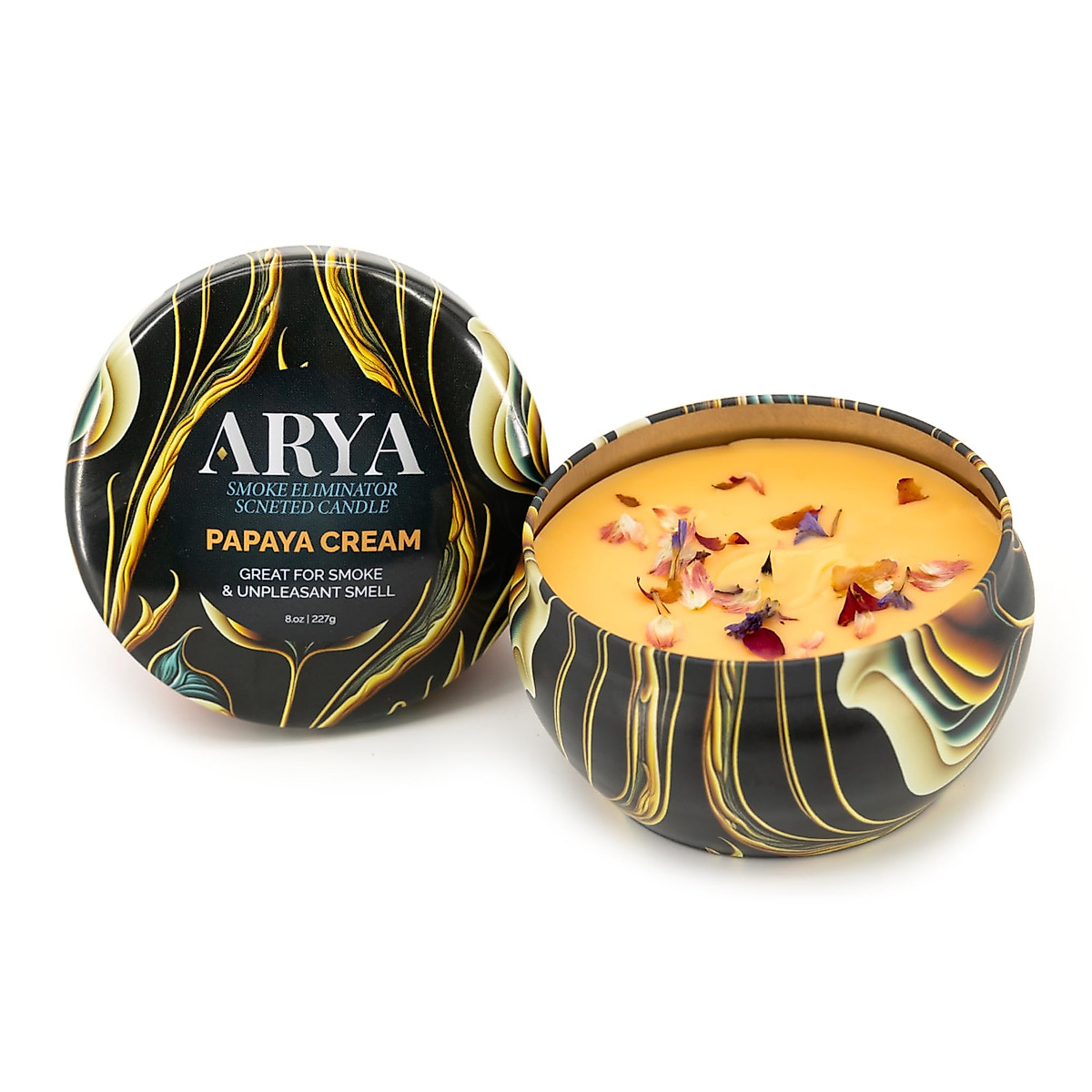 Arya Smoke Eliminator Candle with Flower 100% Soy Wax 50 Hours Burn Time Odor Eliminating High Fragrance Concentration Candle Tin Reusable Jar - 8oz (Papaya Cream)
