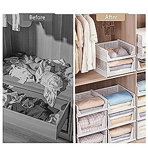 WDPUCHU Stackable Plastic Storage Basket-Foldable Closet Organizers and Storage Bins - Drawer Shelf Storage Container for Wardrobe Cupboard Kitchen Bathroom Office (White Large-4 Pack)