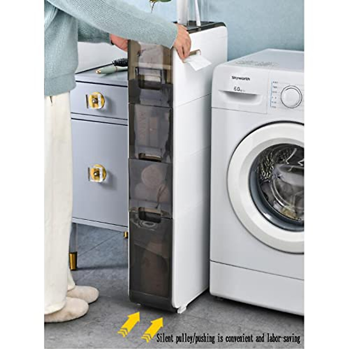 QQXX Freestanding Bathroom Floor Cabinet,Large 2/3/4 Tier Narrow Dresser,with Clear Drawers & Wheels Slim Toilet Storage Drawers Tower,for Small Spaces and Gaps, Toilet Bathroom Storage Floor Cabinet