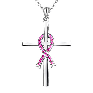 JZMSJF S925 Sterling Silver Faith Pink Ribbon Cross Pendant Necklace Breast Cancer Awareness Jewelry Gifts for Women