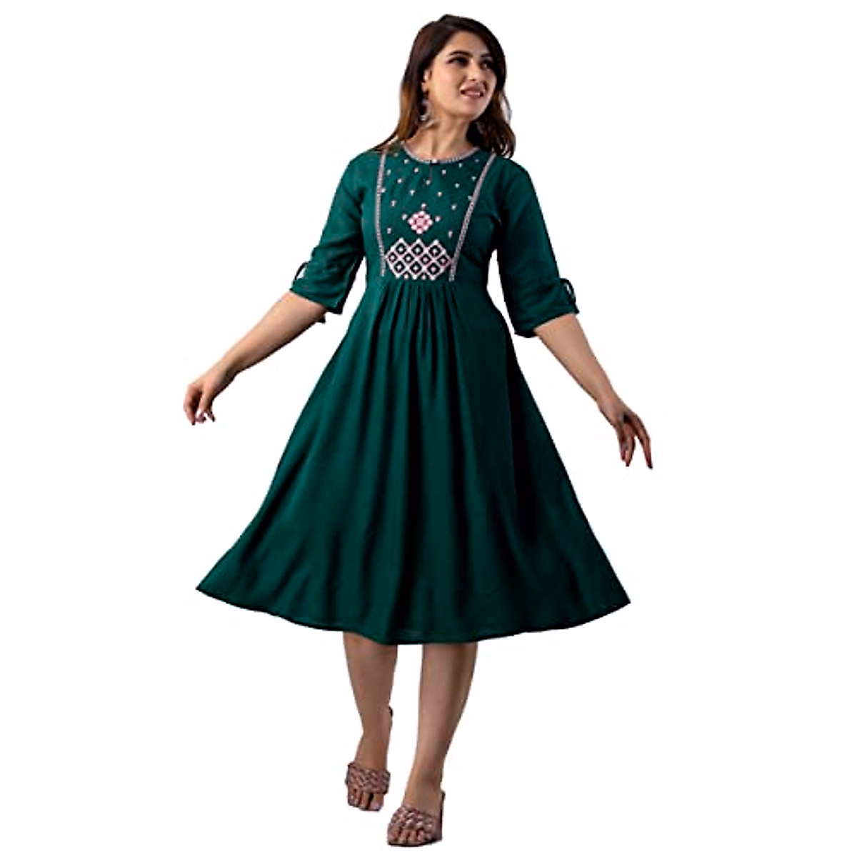 JG Rayon Maxican Embroidered Peasant Women's Anarkali Rayon Gown Kurta Flared Kurti For Women -(GREEN)