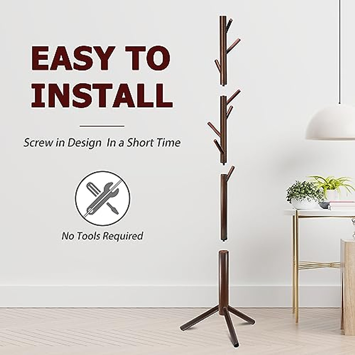 Azaeahom Coat Rack Freestanding with 8 Hooks 3 Adjustable Height Coat Racks Stand Clothing Hanger Stand Wooden Coat Tree Easy Assembly for Entryway, Bedroom, Hallway, Dormitory,Office Cherry
