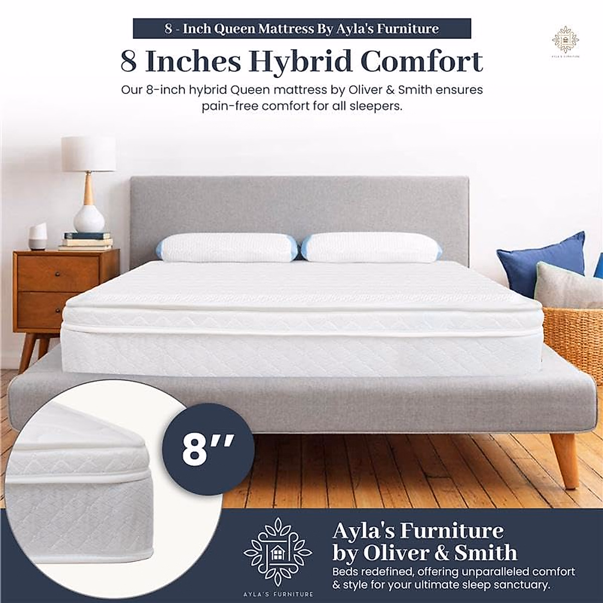 Aylas Furniture Queen Bed Mattress - 8 Inch Hybrid Mattress Queen Size with High Density & Comfort Cold Foam with Continuous Coil Bonnell Springs - Eco-Friendly, Breathable Medium Firm Queen Mattress