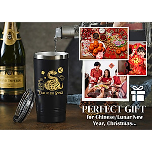 Onebttl Chinese New Year 2025 Gifts - Year of The Snake - Decorations for Lunar New Year - 20oz/590ml Double Wall Vacuum Insulated Stainless Steel Tumbler - with Lid and Straw - Black