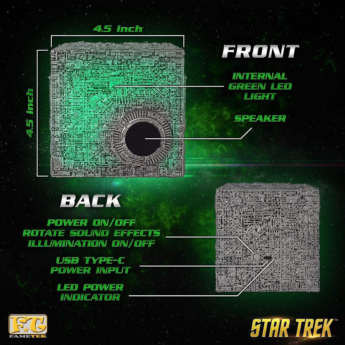 FAMETEK Star Trek BORG CUBE Bluetooth Speaker with Green Illumination, Sound Effects & Borg Quotes – Memorabilia, Gifts, Gadgets, Collectibles for Star Trek Fans