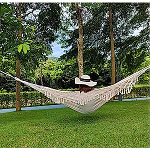 Handmade Boho Large Brazilian Fringed Macramé Double Deluxe Hammock Swing Bed with Carry Bag for Bedroom,Yard,Beach,Patio,Indoor,Outdoor & Wedding Party Decor, 95" Lx 62" W (White)