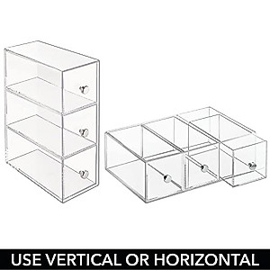 mDesign Plastic Kitchen Pantry Stackable Storage Organizer Container Station with 3 Drawers for Cabinet, Countertop, Holds Coffee, Tea, Sugar Packets, Creamers - Lumiere Collection - 4 Pack - Clear