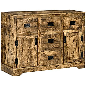 HOMCOM Industrial Sideboard Buffet Cabinet, Kitchen Cabinet with Five Drawers, Two Door Cabinets, Adjustable Shelf Coffee Bar Cabinet, Brown