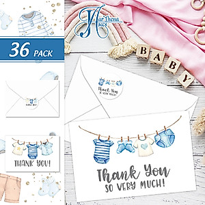 JarThenaAMCS 36 Pack Blue Clothesline Baby Shower Thank You Cards with Envelopes Stickers Onesie Boy Baby Cloth Blank Gratitude Note Cards Gift for Birthday Gender Reveal Party Supplies