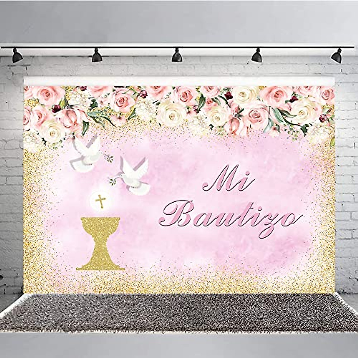 5x3ft Mi Bautizo Backdrop for Girl Baptism Gold Bless Background Pink Flower Golden Dots Photography Baby Shower Banner Party Decorations Floral Newborn Baby Shower Photo Booth Props (EZH0D685UU)