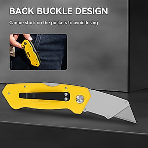 deli Folding Utility Knife Box Cutter Quick Change Blades, Back-lock Small Utility knife, Portable Belt Clip, with 5-Piece Extra Blades, Yellow