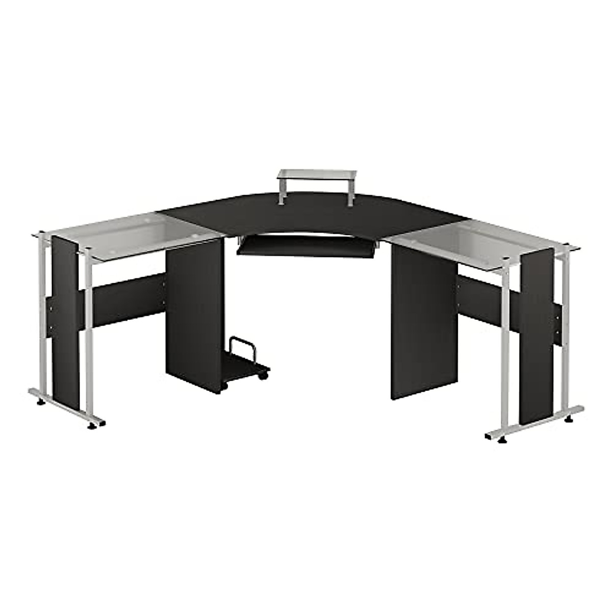 HOMCOM 69" Modern L-Shaped Tempered Glass Office Computer Desk with Elevated Monitor Stand, Rolling CPU Holder, Pull Out Keyboard Tray and Steel Frame, Black
