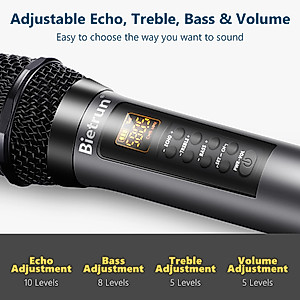 Bietrun Wireless Microphones with Echo,Treble,Bass&Bluetooth,160FT Range,Portable UHF Handheld Karaoke Dynamic Microphone System with Rechargeable Receiver for Karaoke,Singing,Amp,PA System,DJ,Stage